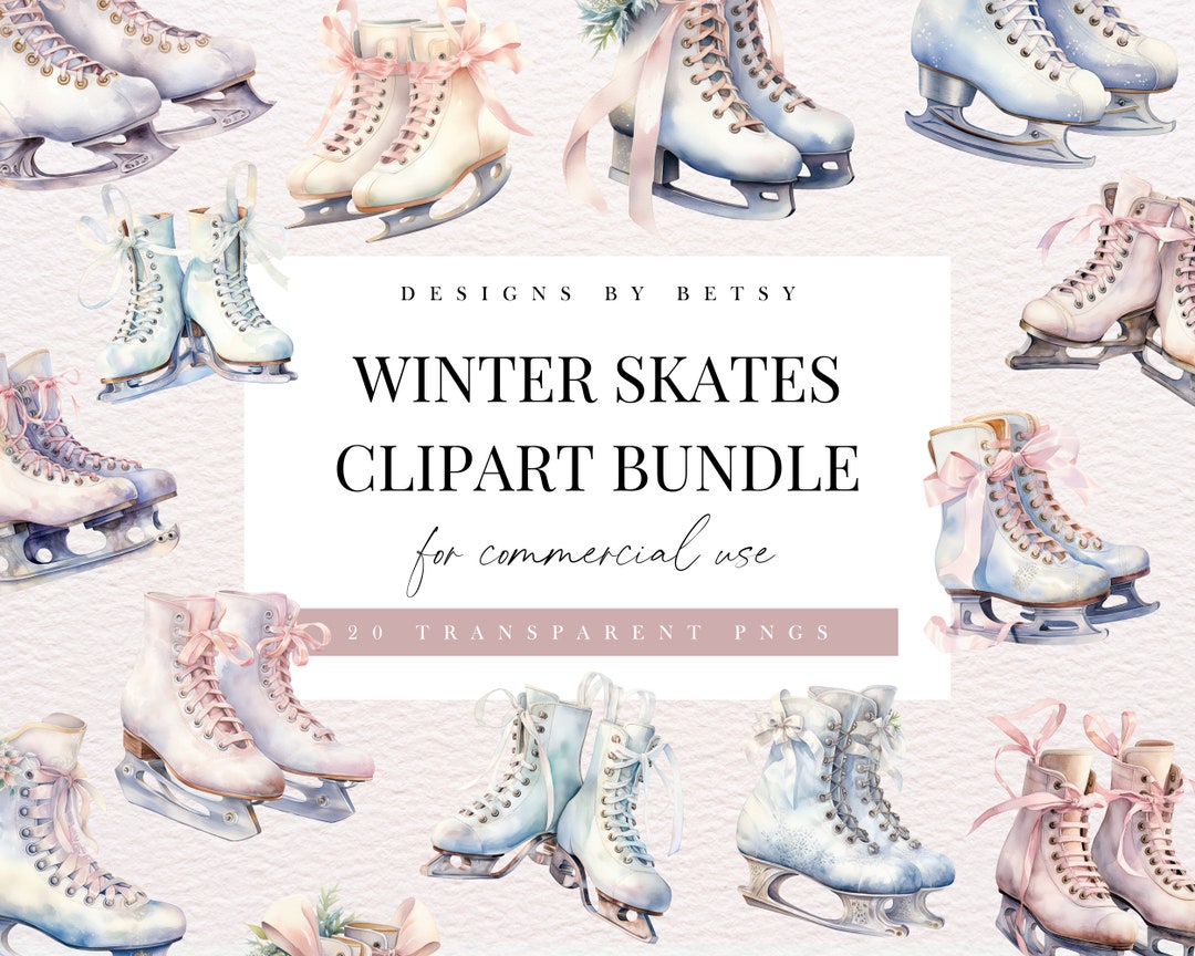 Watercolor Skates Clipart Bundle, Winter Ice Skates Clipart Pack, Pink ...