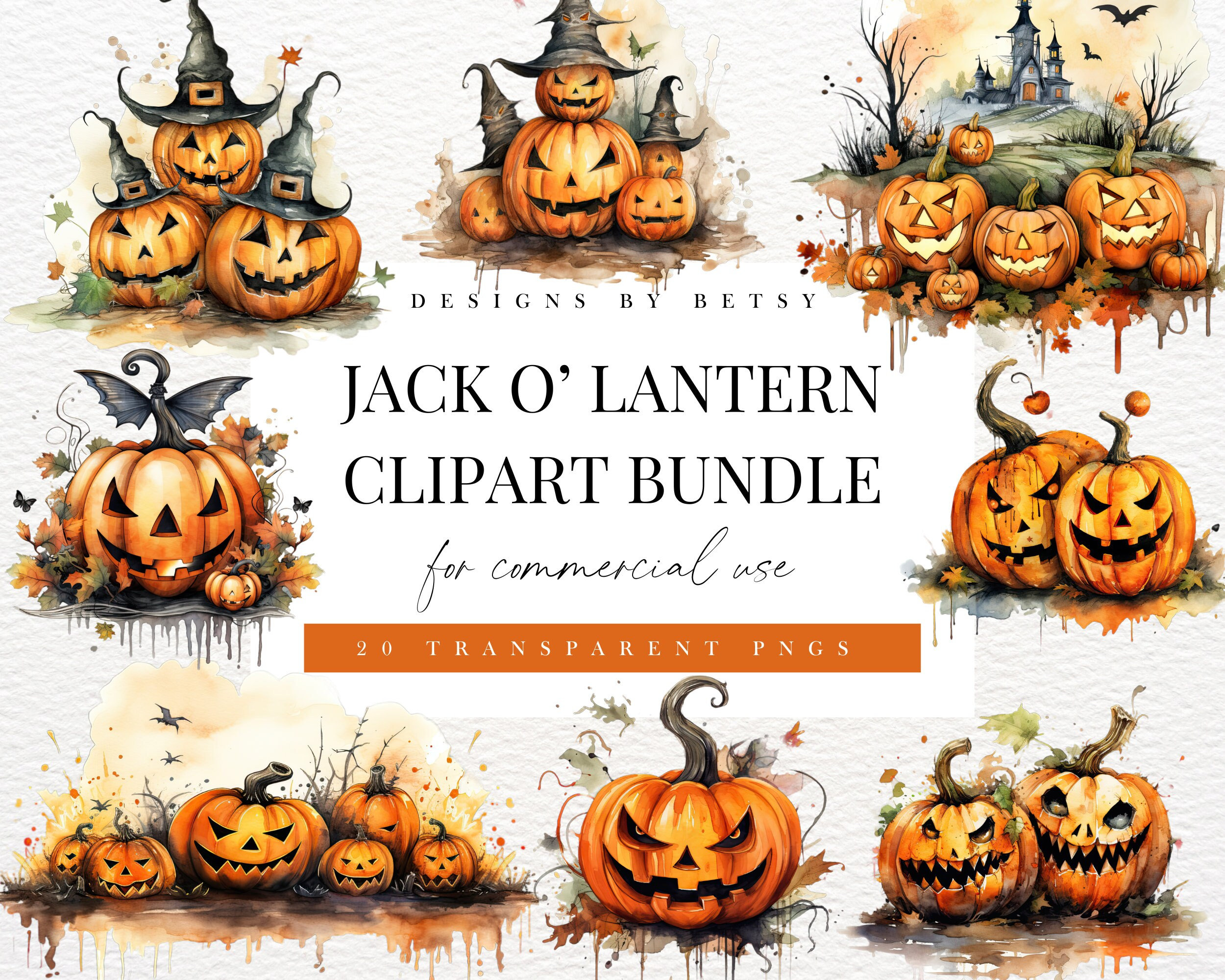 Watercolor Jack O’lantern Clipart Bundle, Jack O’lanterns Clipart Pack ...