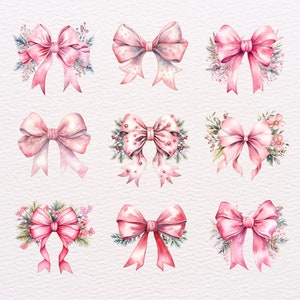 Watercolor Pink Bows Clipart Bundle, Pink Ribbon Christmas Bows Clipart ...