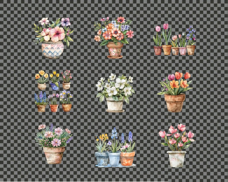 Watercolor Flower Pot Clipart Bundle, Spring Flower Garden Clipart Pack ...