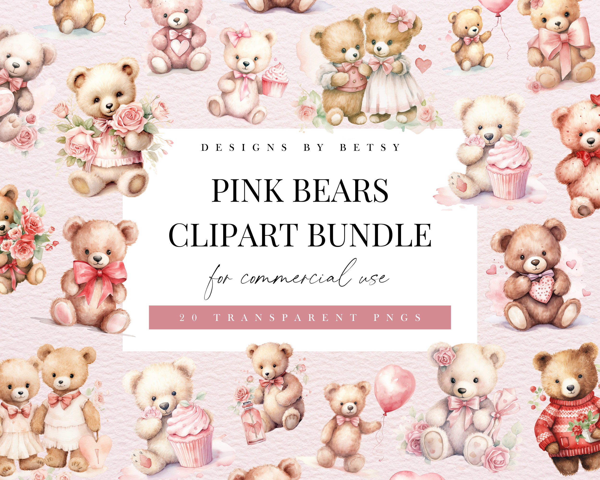 Watercolor Pink Bears Clipart Bundle, Valentine Bear Clipart Pack, Pink ...