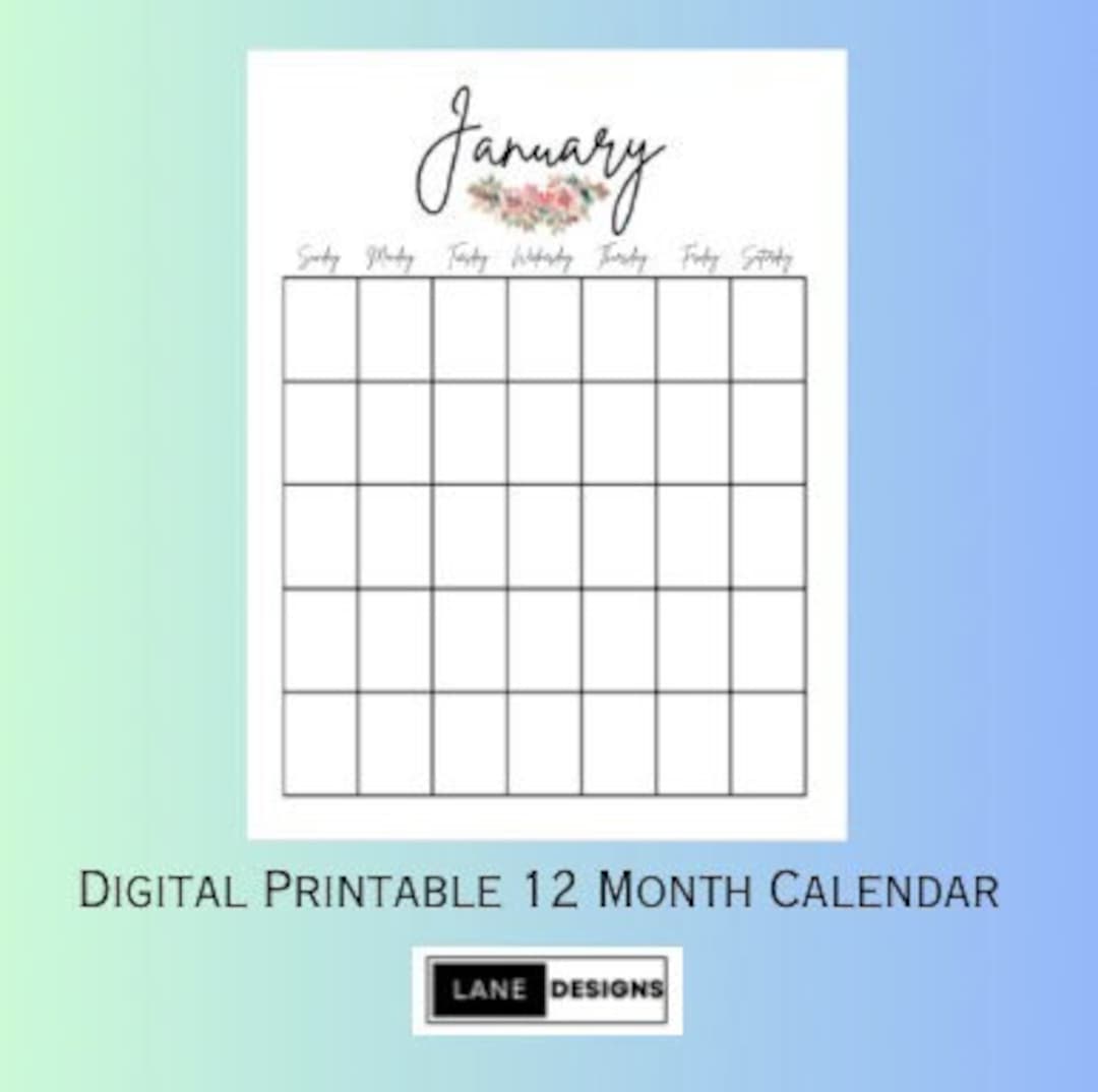 12 Month Printable Calendar - Watercolor Flowers - Fill in the Blank ...
