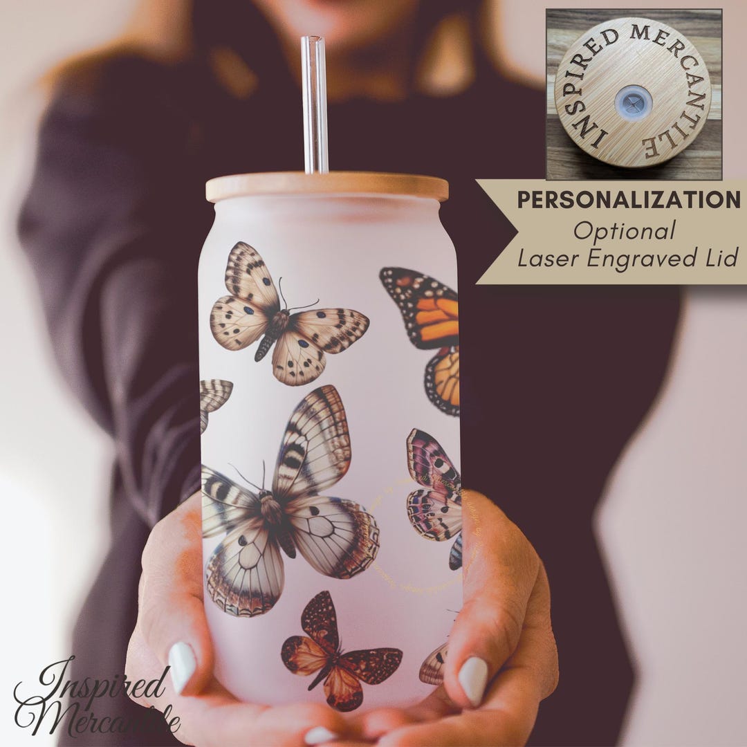 Frosted Butterfly Moth Glass Cup, Cottagecore Glass Tumbler, Iced ...