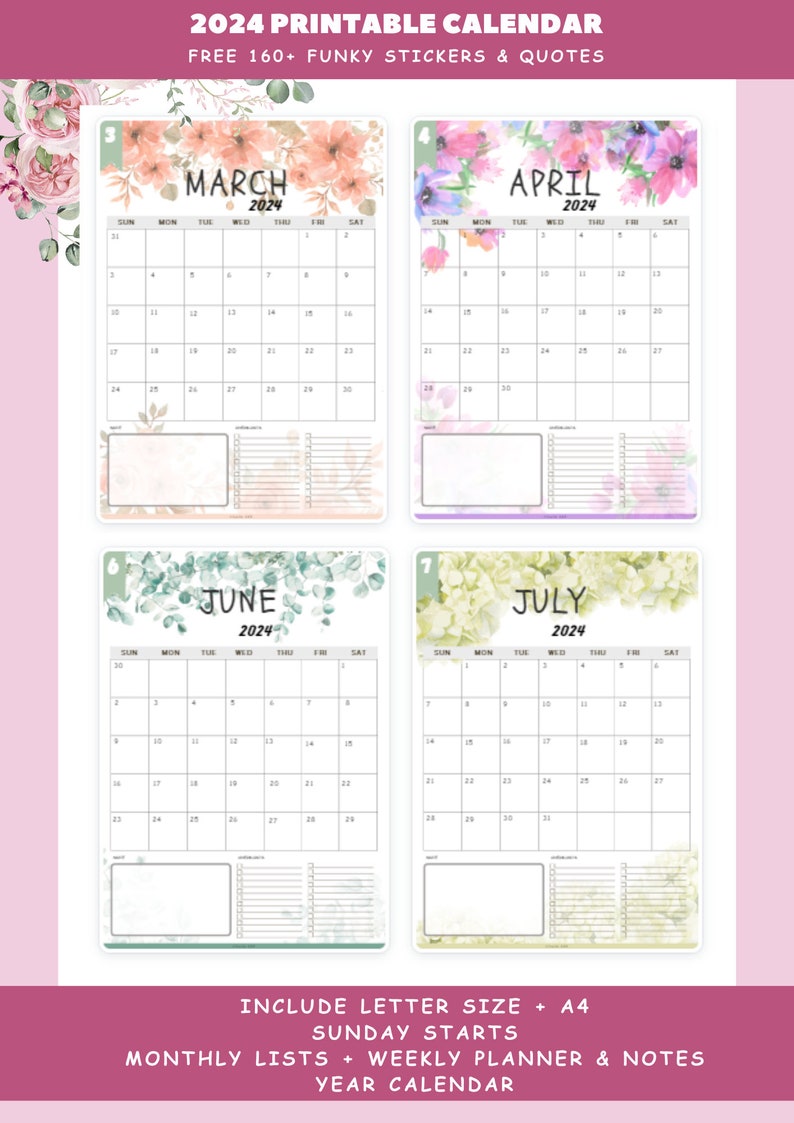 2024 Printable Calendar A4/letter Size/png File FREE Year 2023 2024 ...