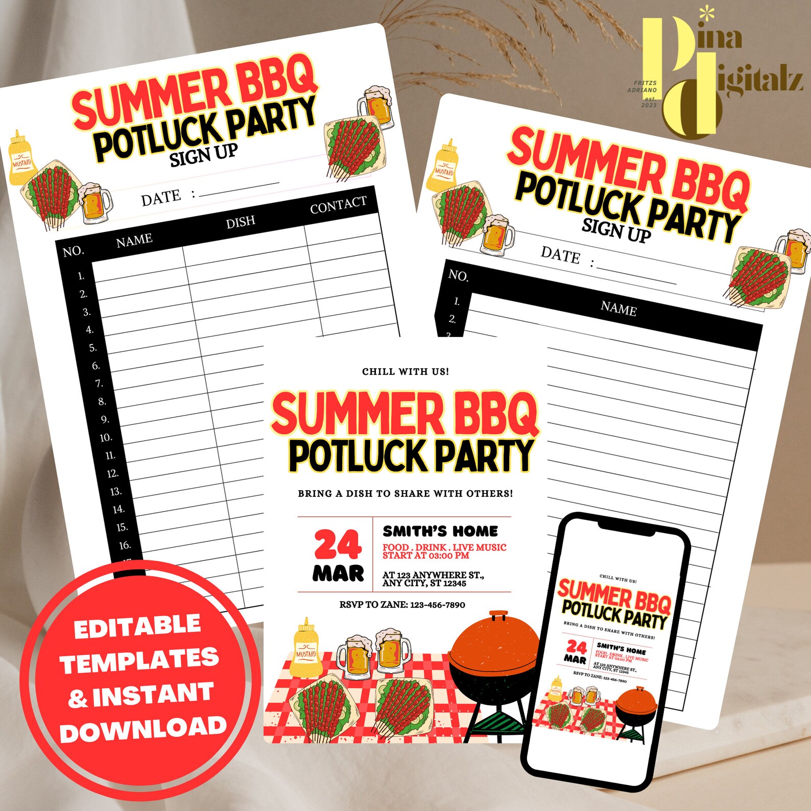 EDITABLE Summer BBQ Potluck Invitation Summer Barbecue Potluck Invite ...