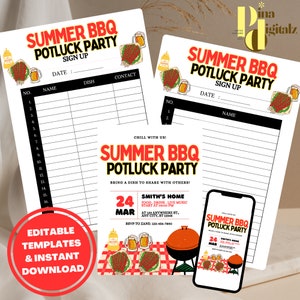 EDITABLE Summer BBQ Potluck Invitation Summer Barbecue Potluck Invite ...