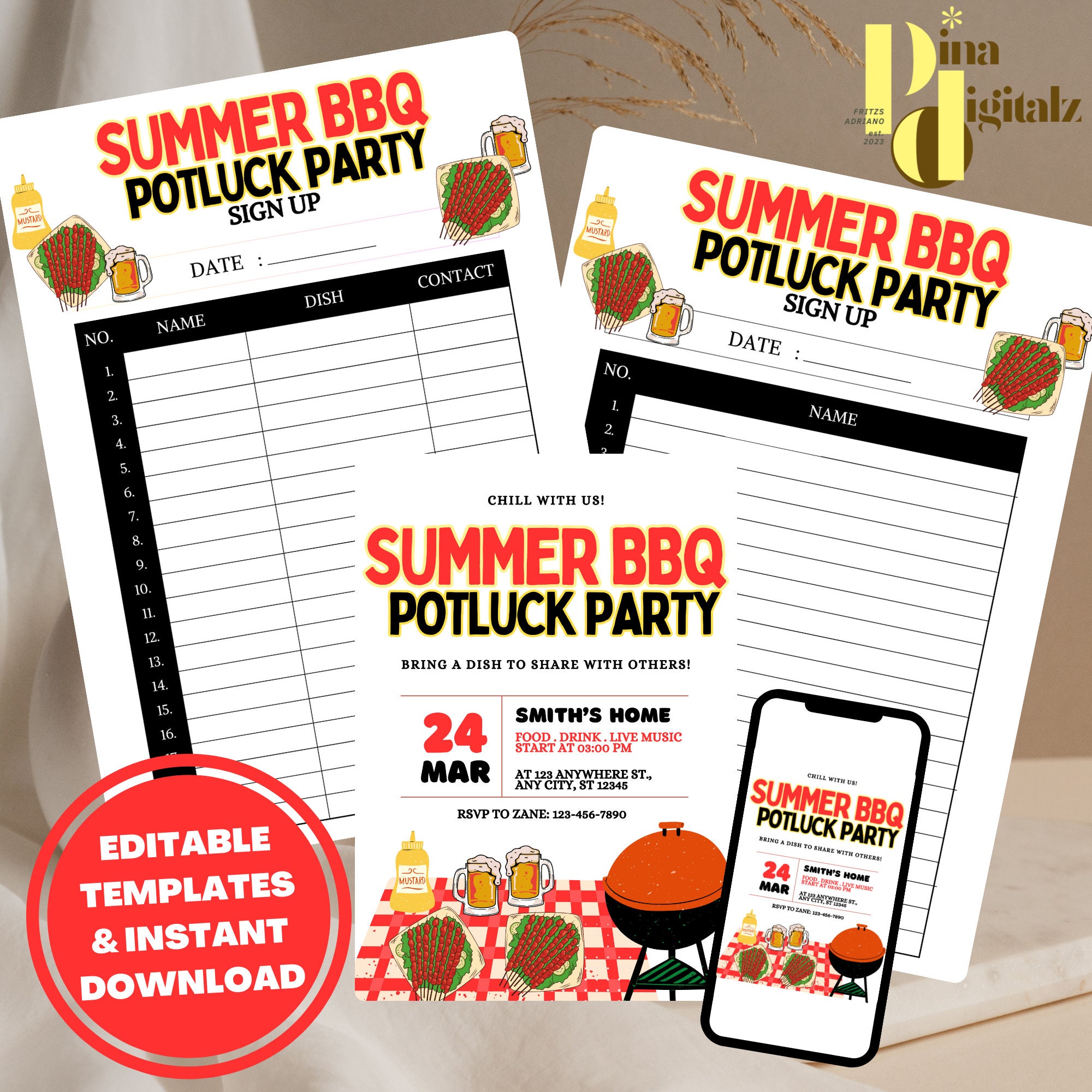 EDITABLE Summer BBQ Potluck Invitation Summer Barbecue Potluck Invite ...