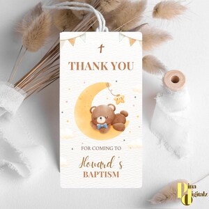Baptism Digital Favor Tag Template Brown Bear Baptism Thank You Card ...