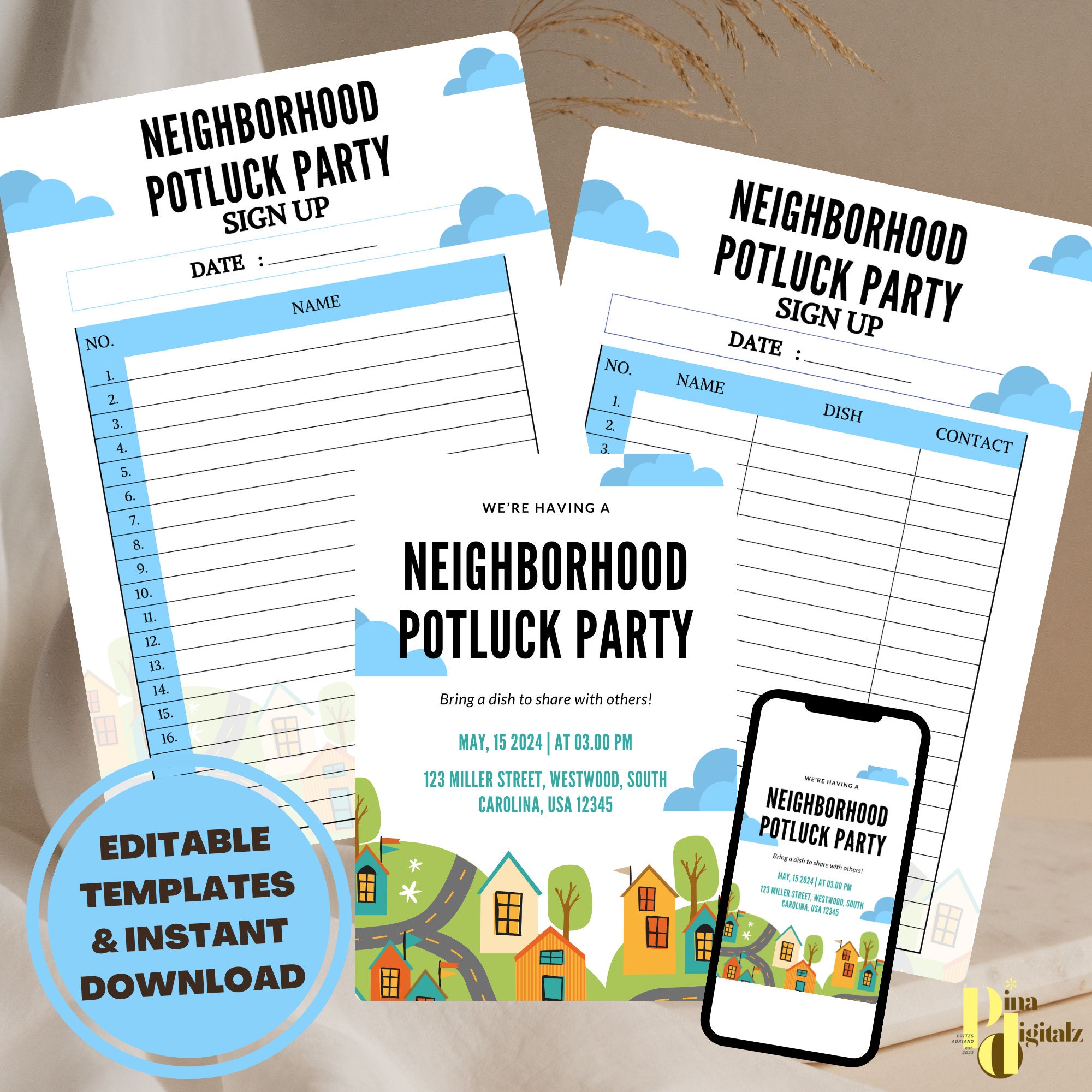 EDITABLE Neighborhood Party Potluck Invitation Neighborhood Potluck ...