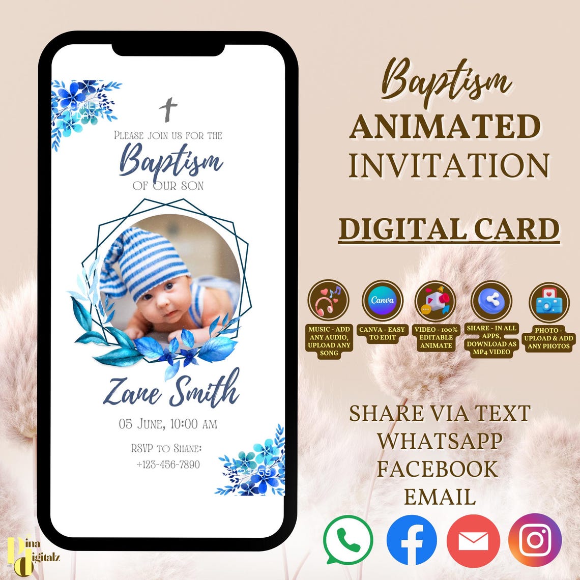 Digital Baptism Invitation Template Christening Invite Template Blue ...