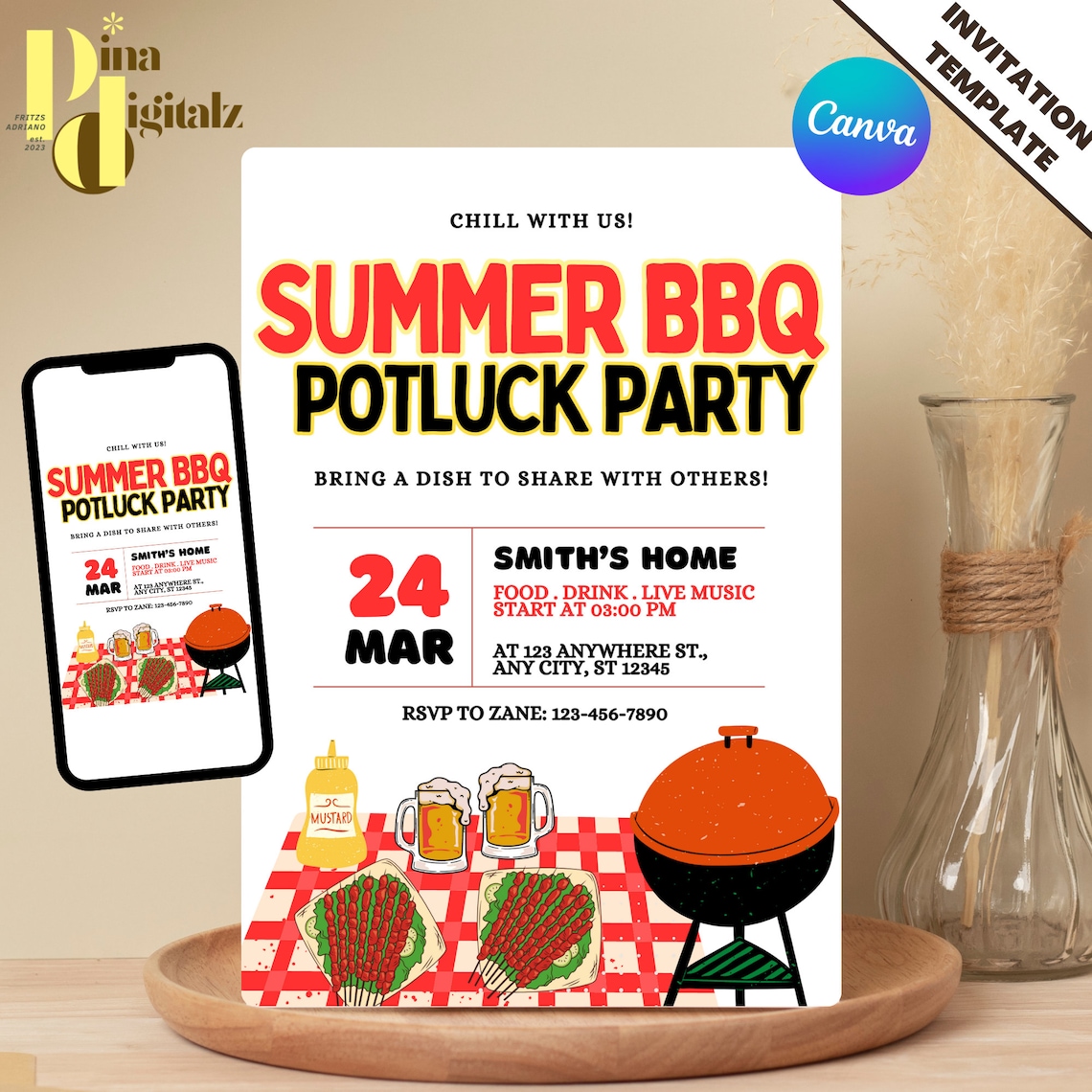 EDITABLE Summer BBQ Potluck Invitation Summer Barbecue Potluck Invite ...