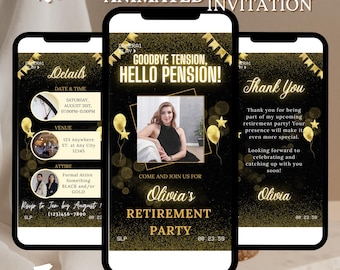 Digital Retirement Party Invitation, Modern Black and Gold Retirement ...