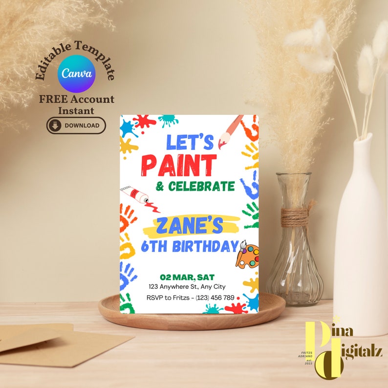 EDITABLE Party Paint Invites Art Birthday Invitation Colorful Painting ...