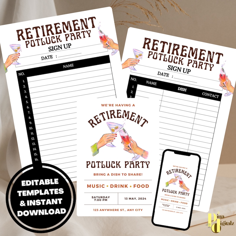 EDITABLE Retirement Invitation Potluck Retirement Party Potluck Invite ...