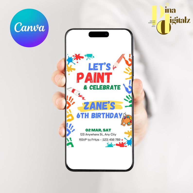 EDITABLE Party Paint Invites Art Birthday Invitation Colorful Painting ...