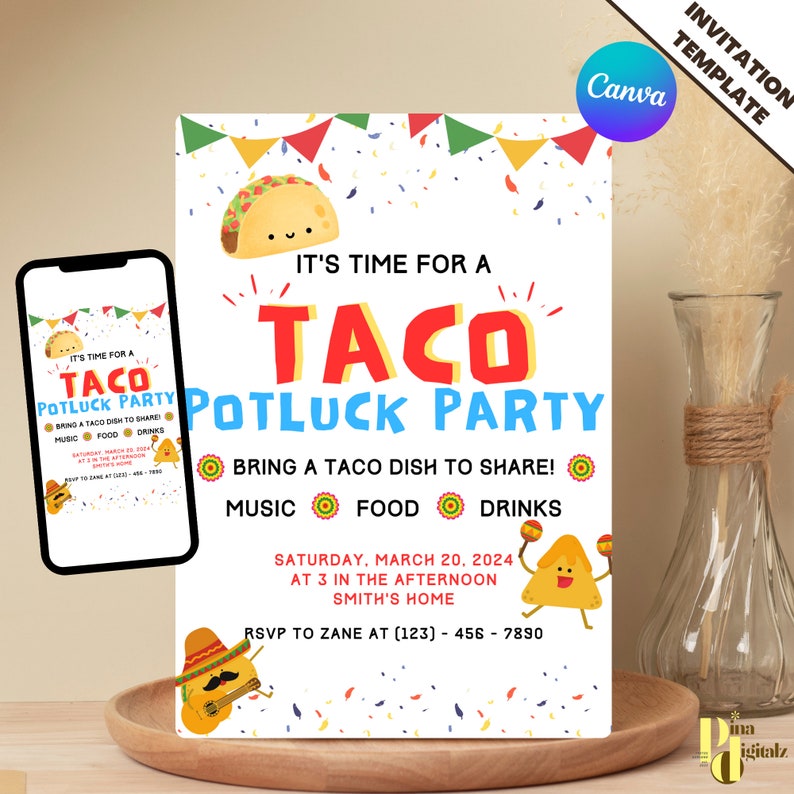 DIGITAL DOWNLOAD Taco Potluck Invitation Taco Bar Potluck Invite Taco ...