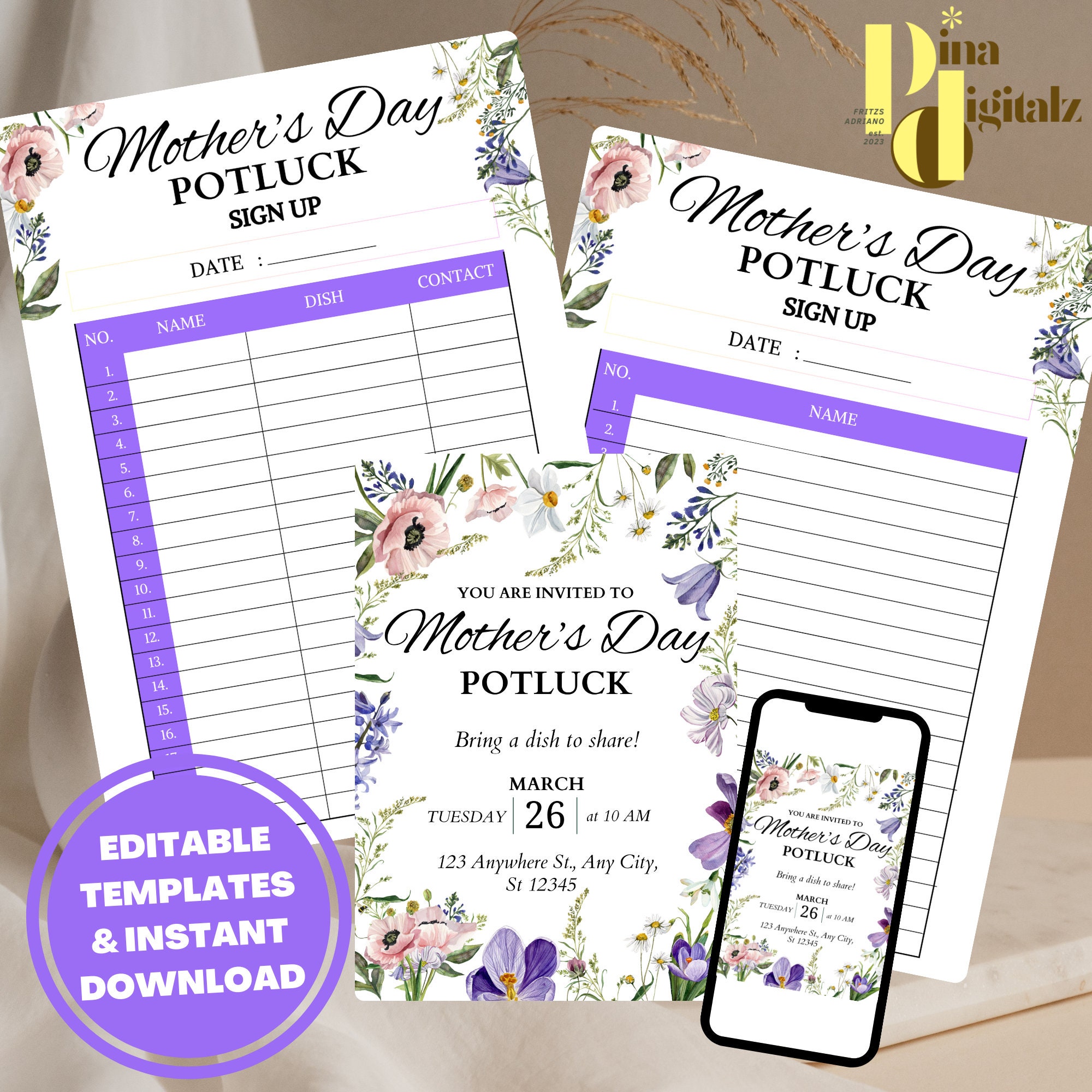 EDITABLE Mothers Day Potluck Invitation Mothers Day Potluck Invite ...