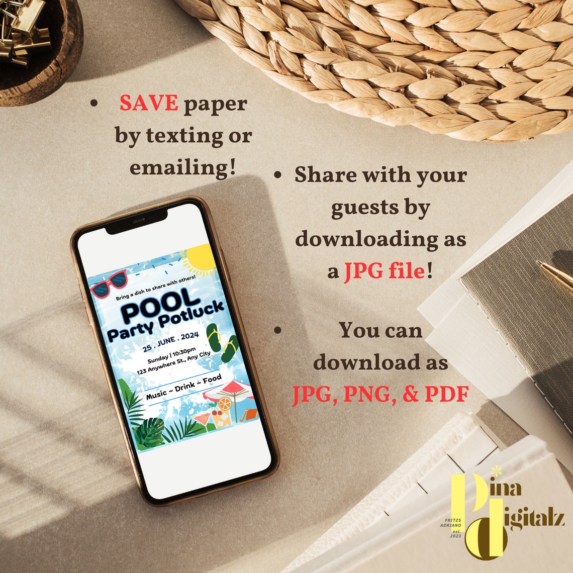 EDITABLE Pool Party Potluck Invitation Swimming Pool Potluck Invite ...