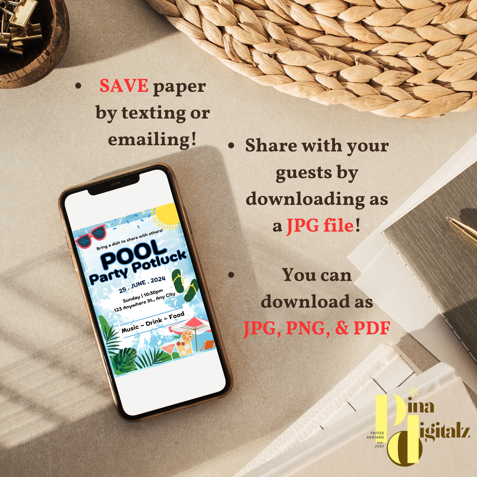 EDITABLE Pool Party Potluck Invitation Swimming Pool Potluck Invite ...