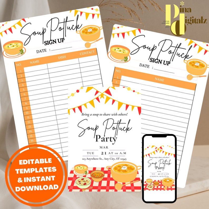 EDITABLE Soup Potluck Invite Soup Invite Potluck Invitation Potluck ...