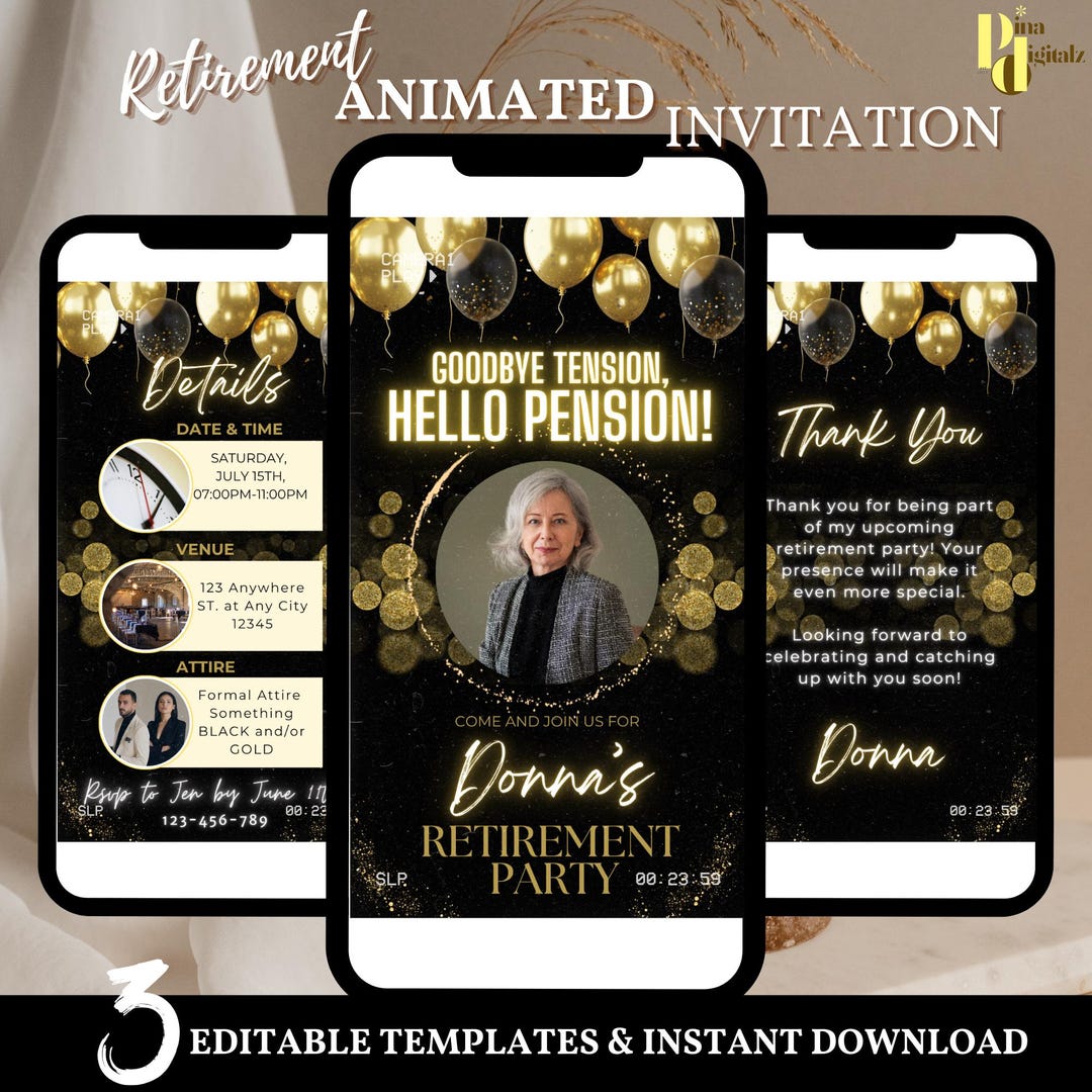 Digital Retirement Party Invitation for Her Him Modern Black and Gold ...