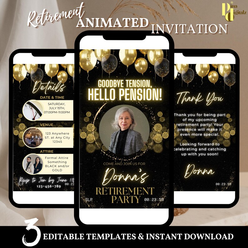 Digital Retirement Party Invitation for Her Him Modern Black and Gold ...