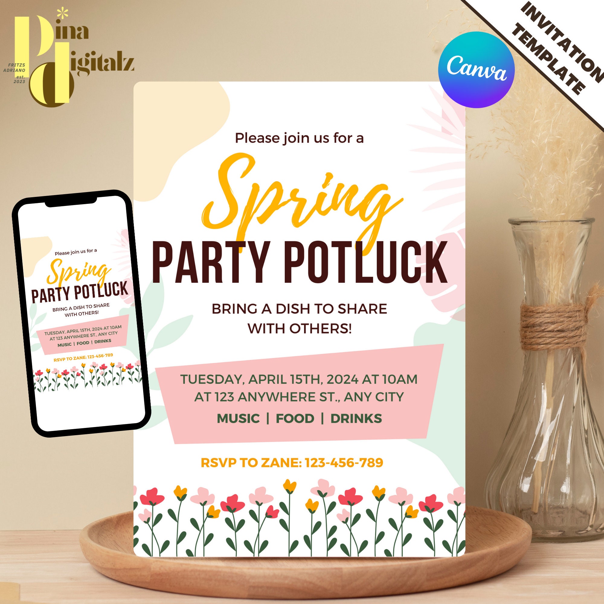 EDITABLE Spring Invitation Template Spring Invitation Digital Potluck ...