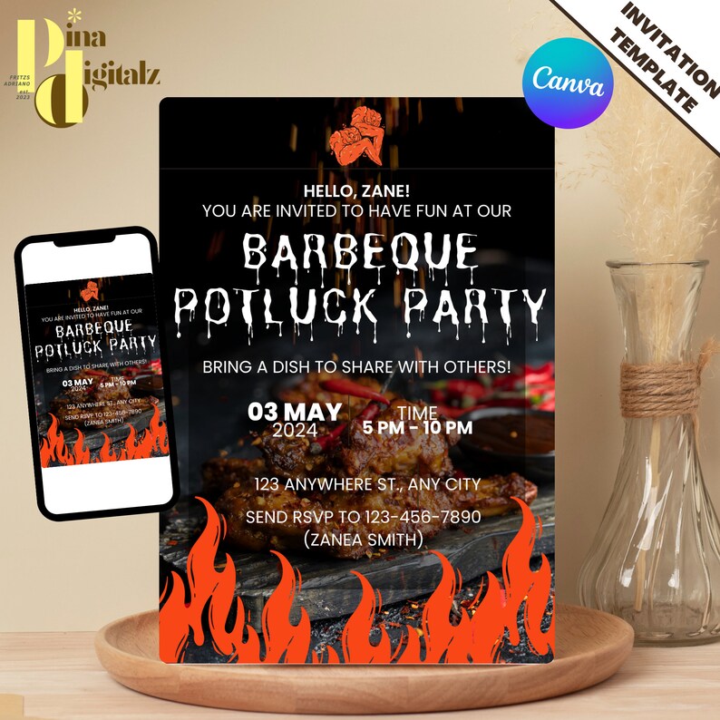 EDITABLE Summer BBQ Potluck Invitation Backyard BBQ Invitation Template ...