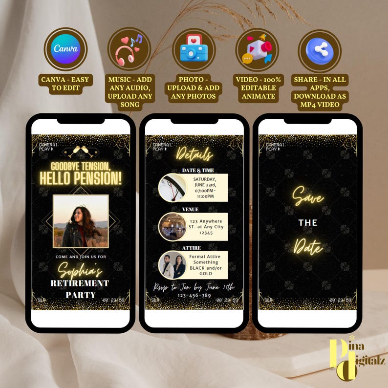 Digital Retirement Party Invitation for Her Him Modern Black and Gold ...