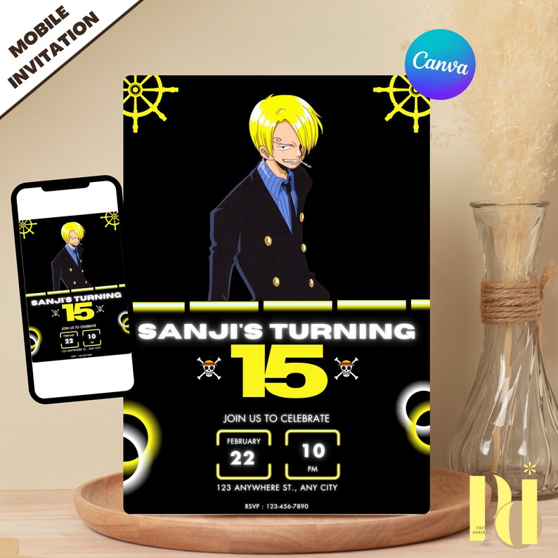 One Piece Anime Invitation Template, Editable Birthday Invitation Sanji ...