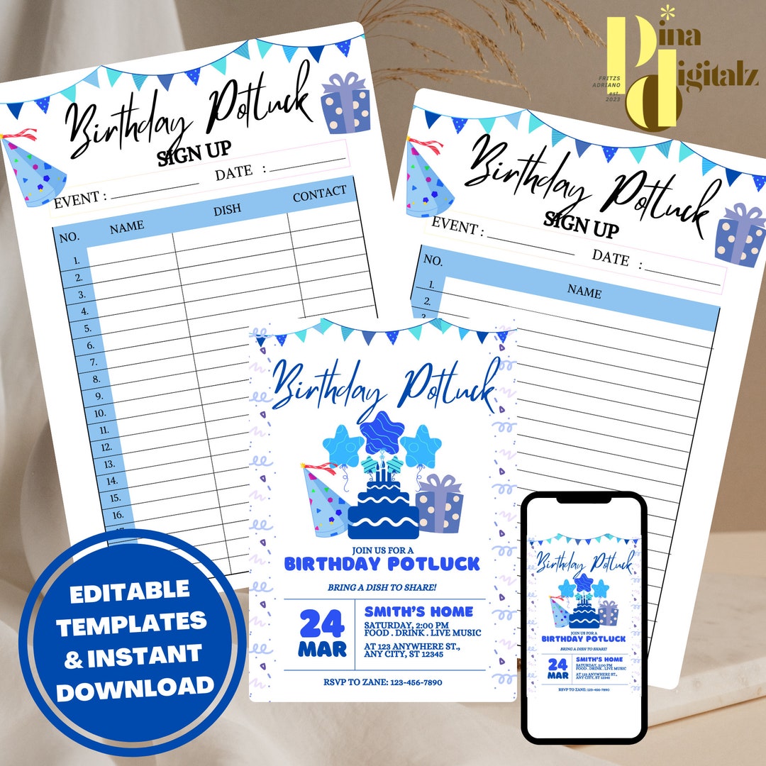 EDITABLE Birthday Potluck Invitation Birthday Potluck Invite Potluck Sign up Sheet Template ...