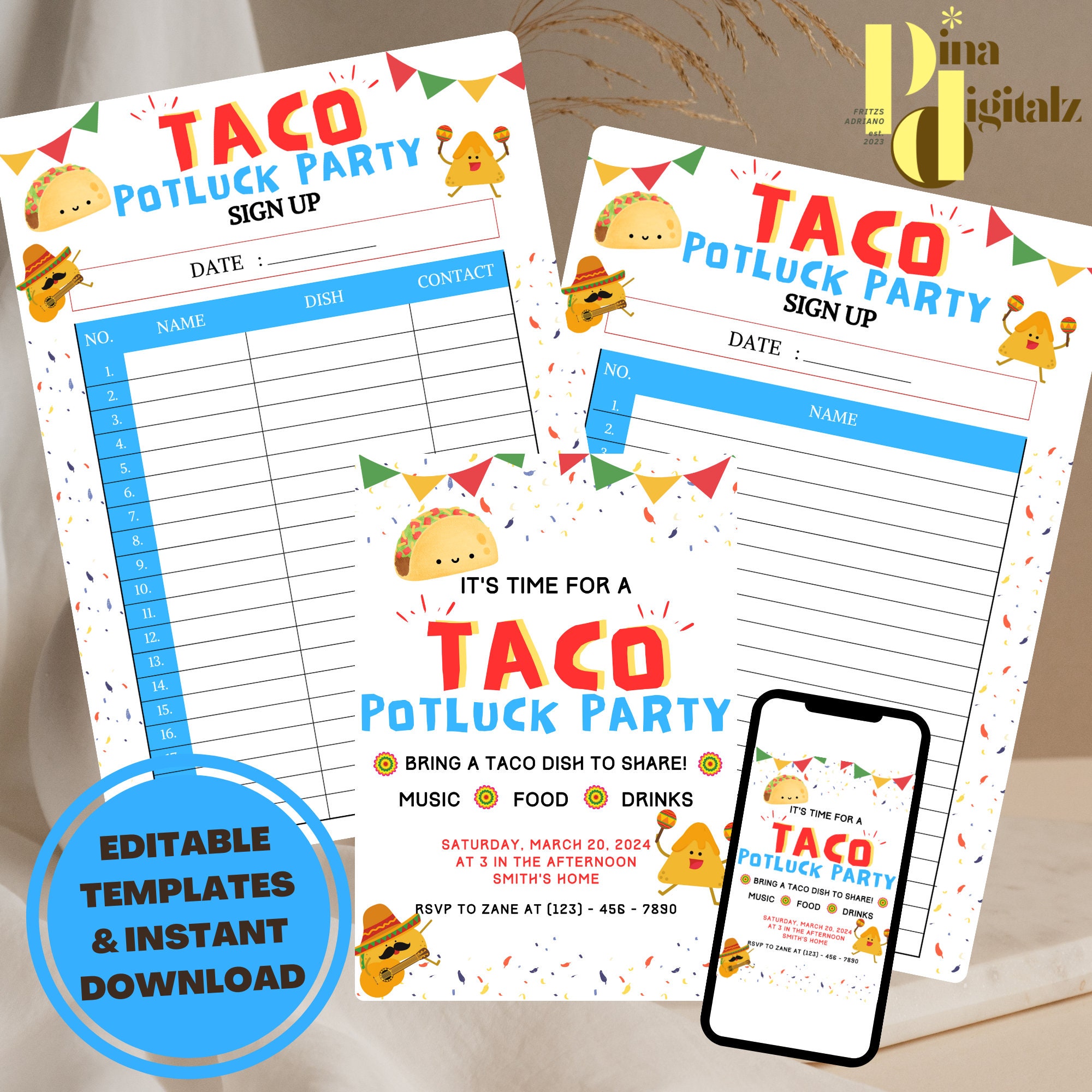 EDITABLE Taco Potluck Invitation Taco Bar Potluck Invite Taco Potluck ...