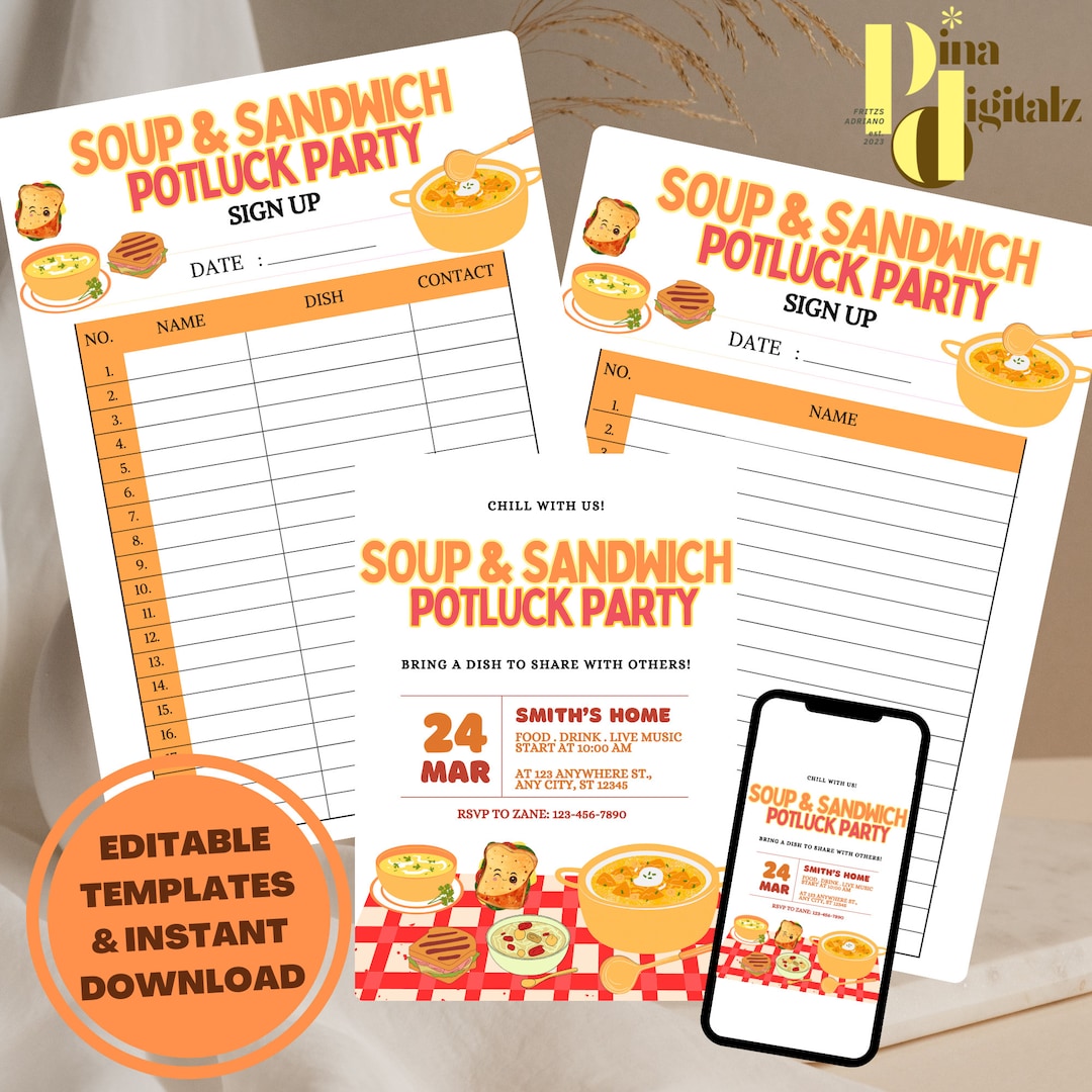 EDITABLE Soup and Sandwich Potluck Invitation Soup and Sandwich Potluck ...