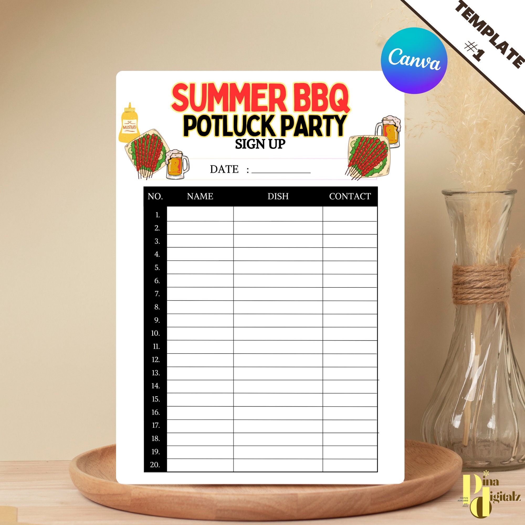 EDITABLE Summer BBQ Potluck Sign up Sheet Summer Barbecue Potluck Sign ...