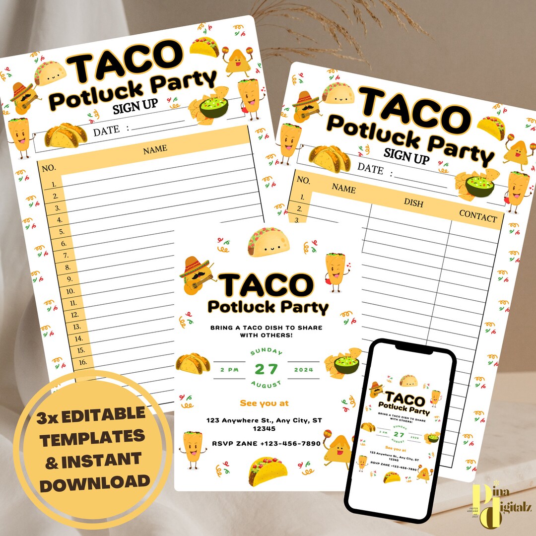 Taco 'bout A Party Potluck Invitation EDITABLE Fiesta Birthday Invite ...