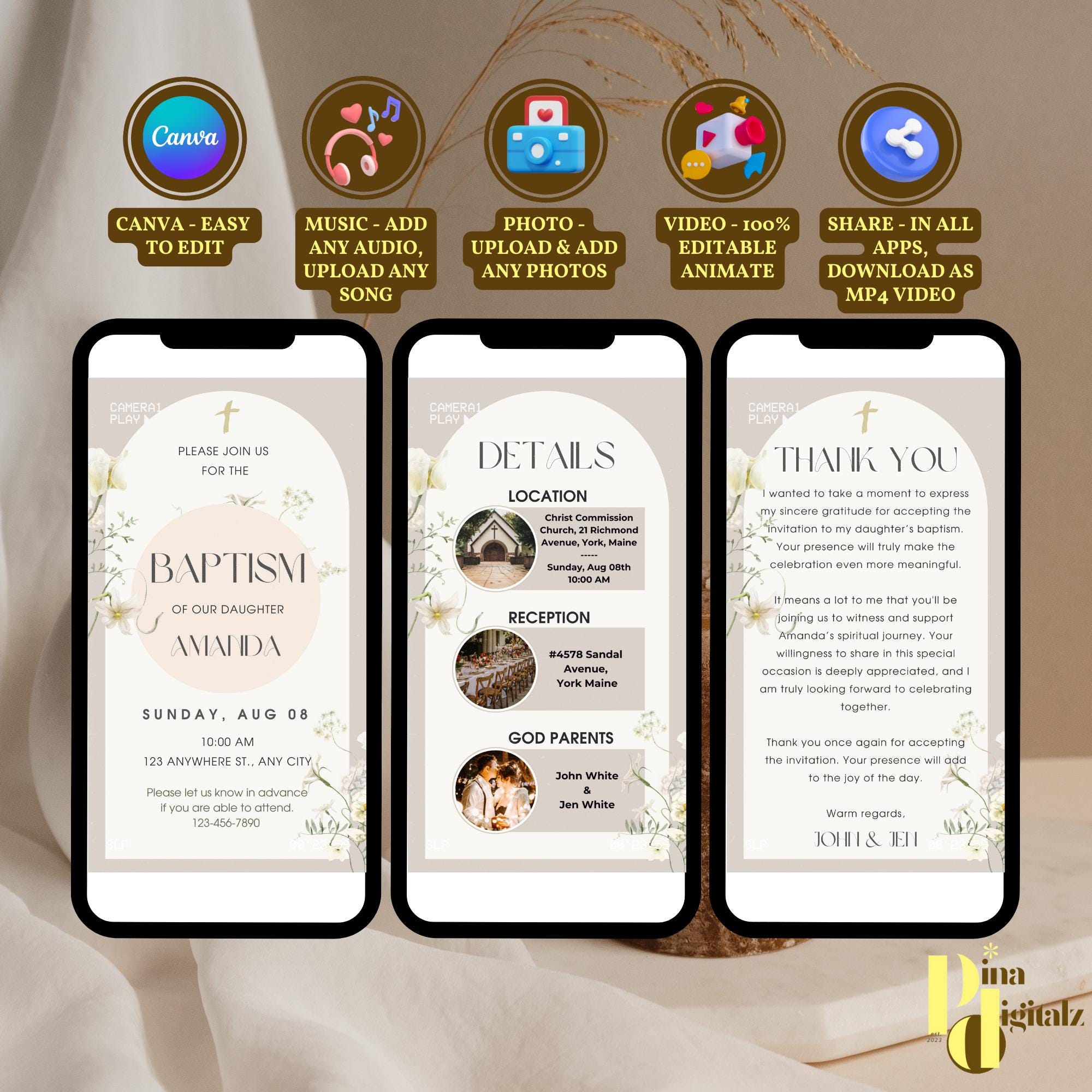 Boho Baptism Invitation Template Modern Baptism Invite Minimal Baptism ...
