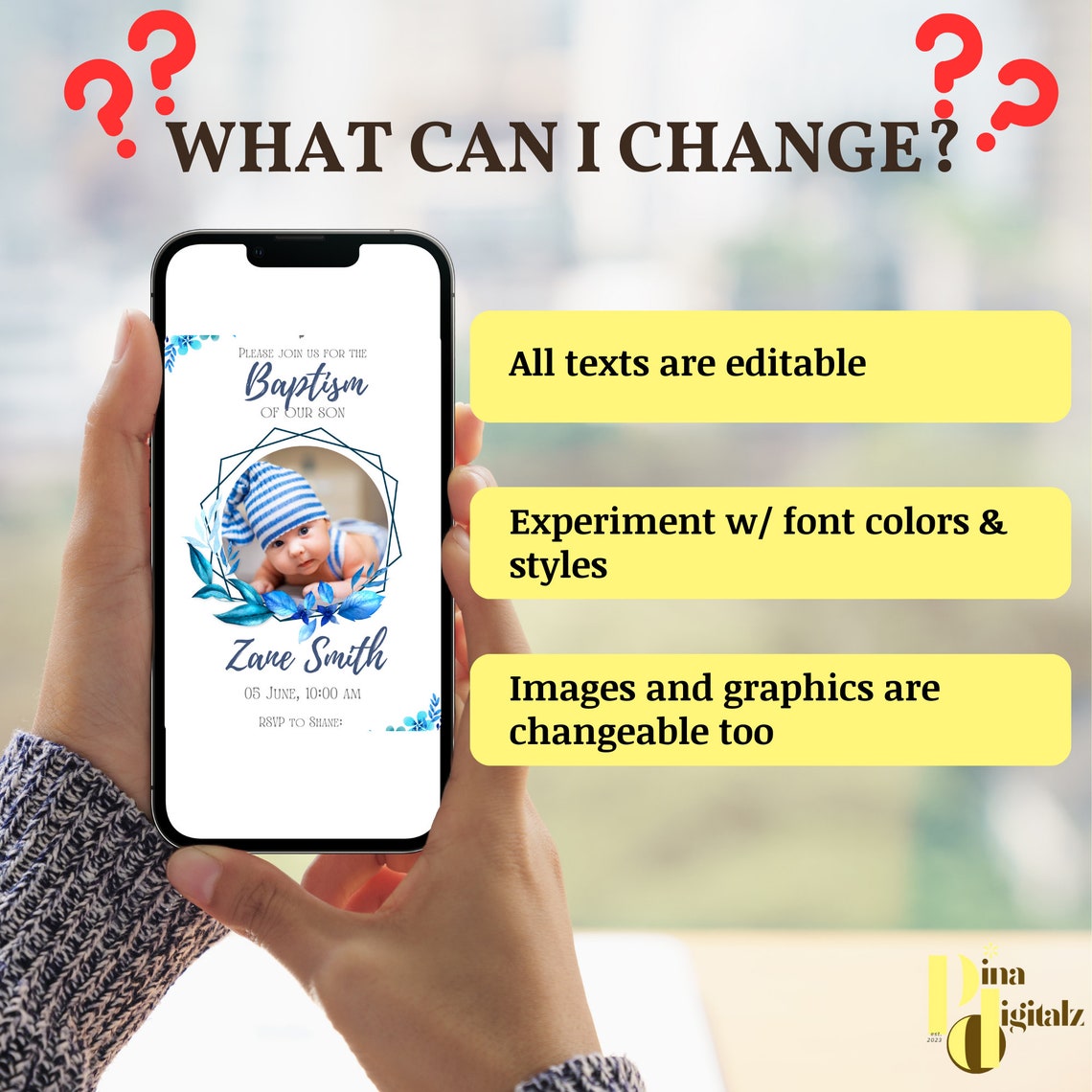 Digital Baptism Invitation Template Christening Invite Template Blue ...
