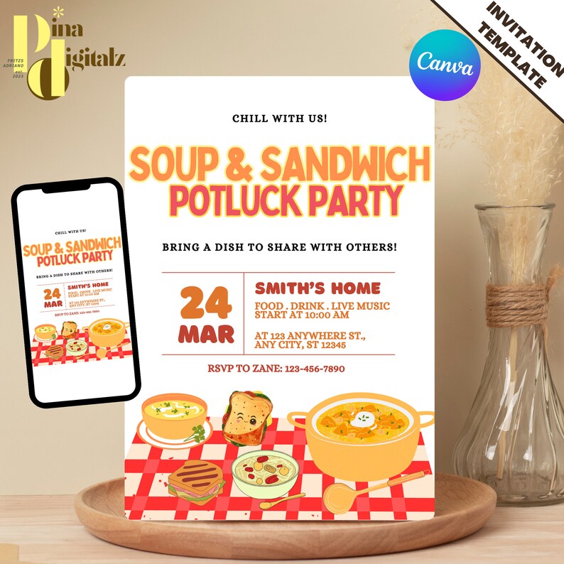 EDITABLE Soup and Sandwich Potluck Invitation Soup and Sandwich Potluck ...