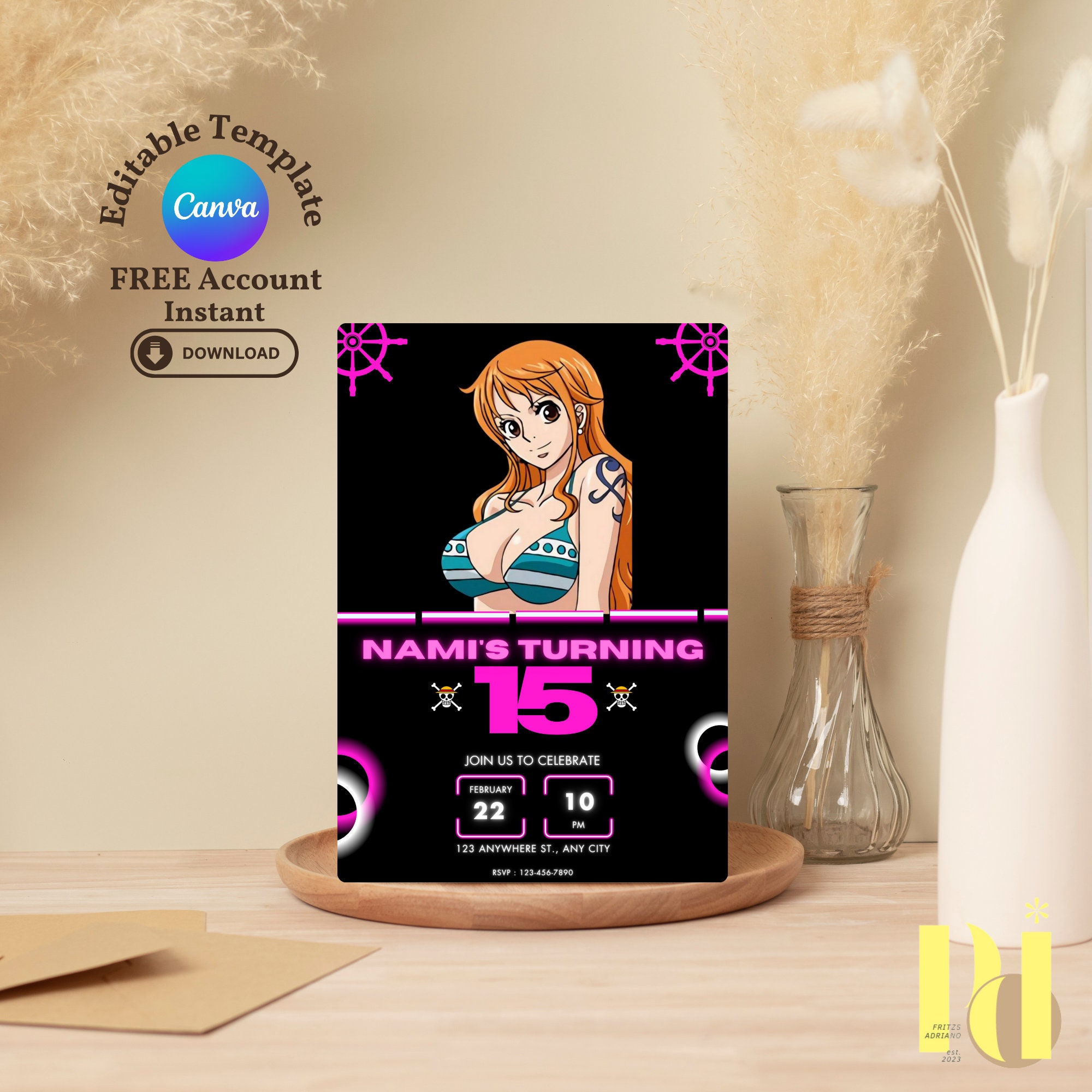 One Piece Anime Invitation Template, Editable Birthday Invitation Luffy ...