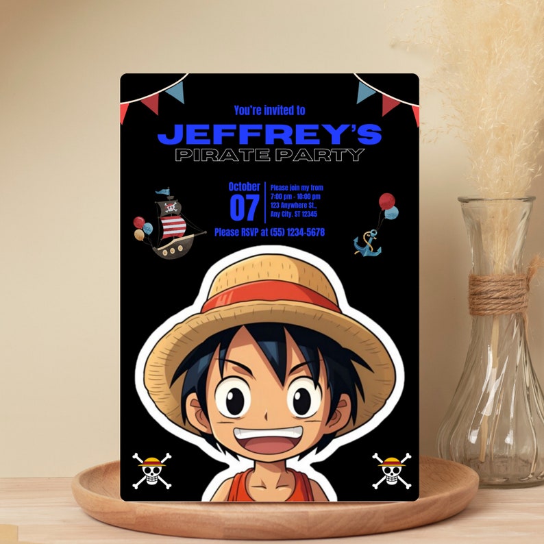 One Piece Anime Invitation Template, Editable Birthday Invitation Luffy ...