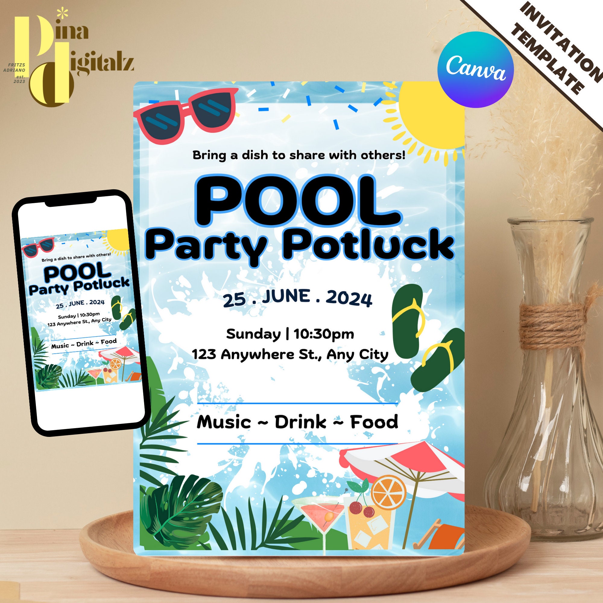 EDITABLE Pool Party Potluck Invitation Swimming Pool Potluck Invite ...