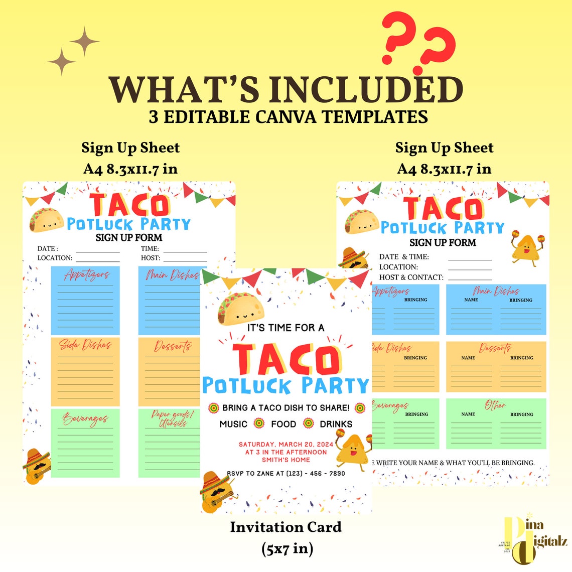 DIGITAL DOWNLOAD Taco Potluck Invitation Taco Bar Potluck Invite Taco ...