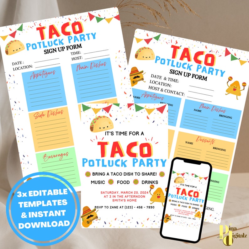 DIGITAL DOWNLOAD Taco Potluck Invitation Taco Bar Potluck Invite Taco ...