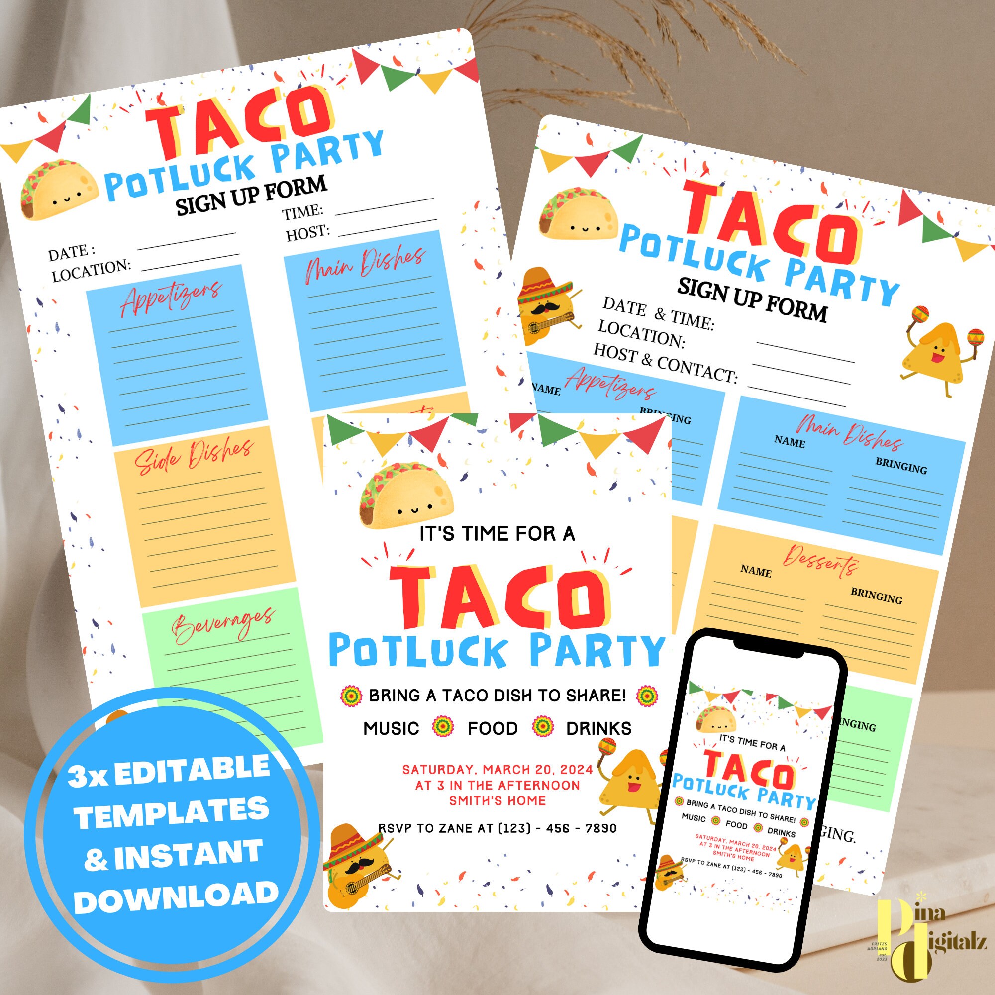 DIGITAL DOWNLOAD Taco Potluck Invitation Taco Bar Potluck Invite Taco ...