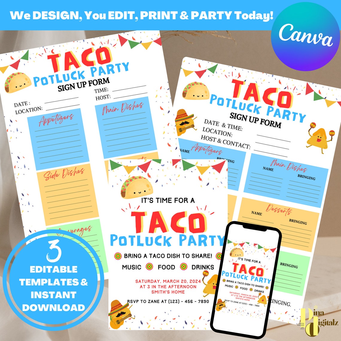 DIGITAL DOWNLOAD Taco Potluck Invitation Taco Bar Potluck Invite Taco ...