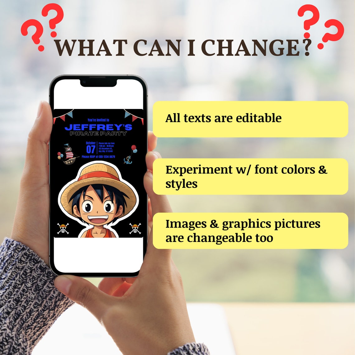 One Piece Anime Invitation Template, Editable Birthday Invitation Luffy ...