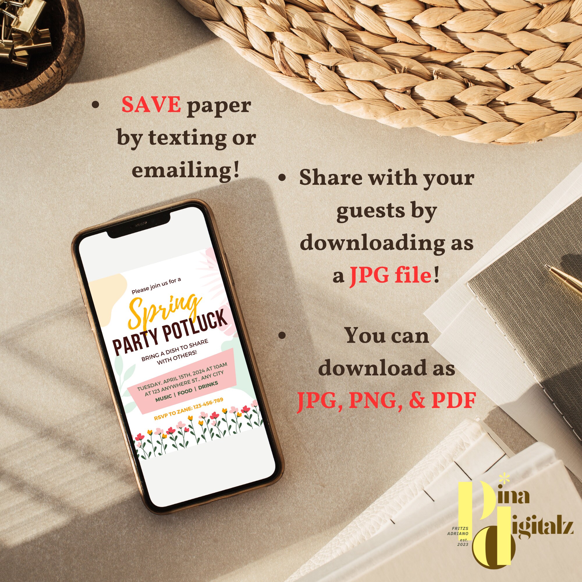 EDITABLE Spring Invitation Template Spring Invitation Digital Potluck ...