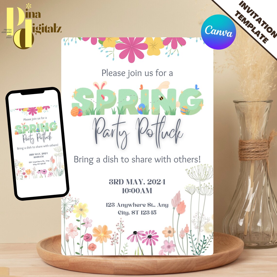 EDITABLE Spring Invitation Template Spring Invitation Digital Potluck ...