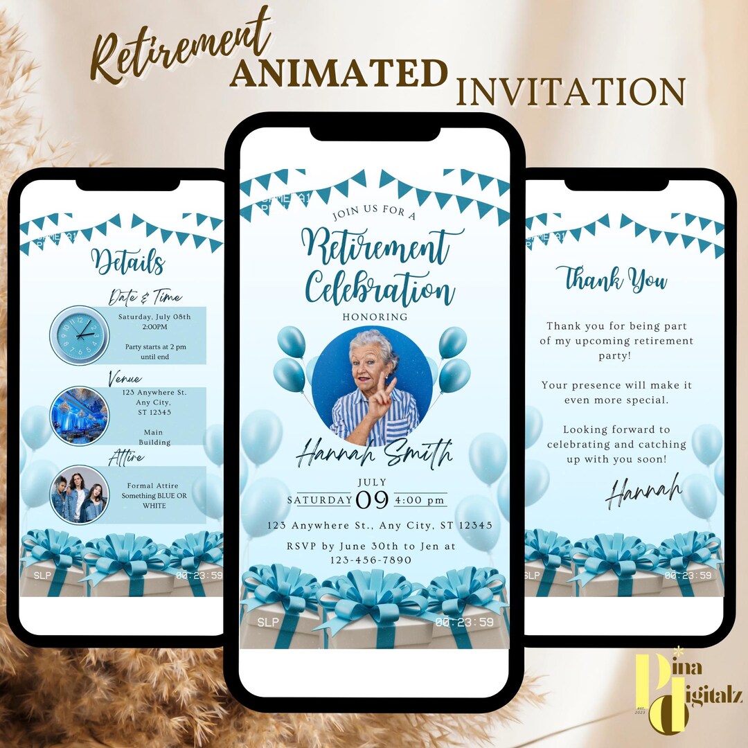 Retirement Party Invitation Elegant Blue Balloons Work Retire Mens ...
