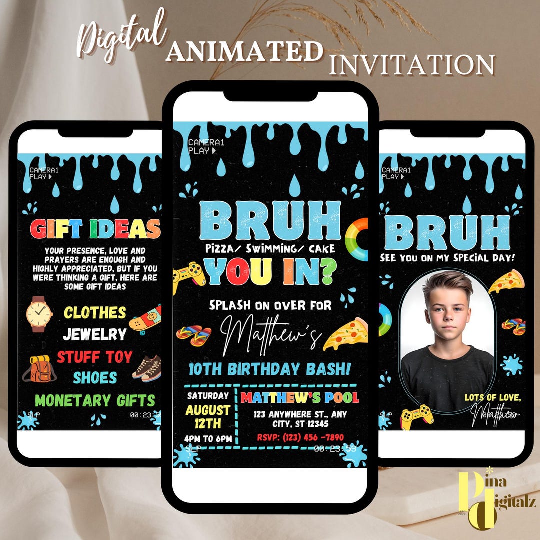 Bruh Pizza and Game Birthday Invitation Boy Pool Birthday Party Invite ...